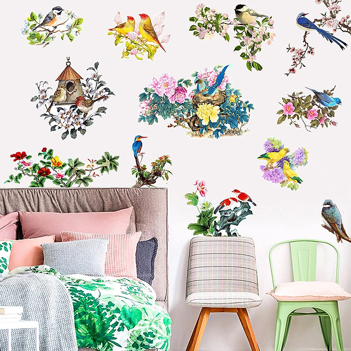 Birds on Tree Branches Wall Decals,Cardinal Birds Flowers Wall Stickers Spring Summer Robinbird Decor for Home Kitchen Office Kids DIY Supply