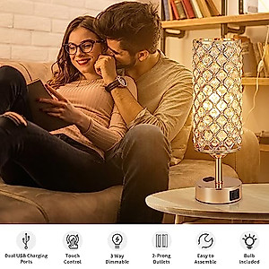 Hong-in Gold Lamps Set of 2, Dimmable Gold Lamps for Nightstand with USB-C+A & AC Charging Ports, 3-Way USB Crystal Lamp, Bedside Desk Light for Bedroom Living Room Home Office(Bulb Included)