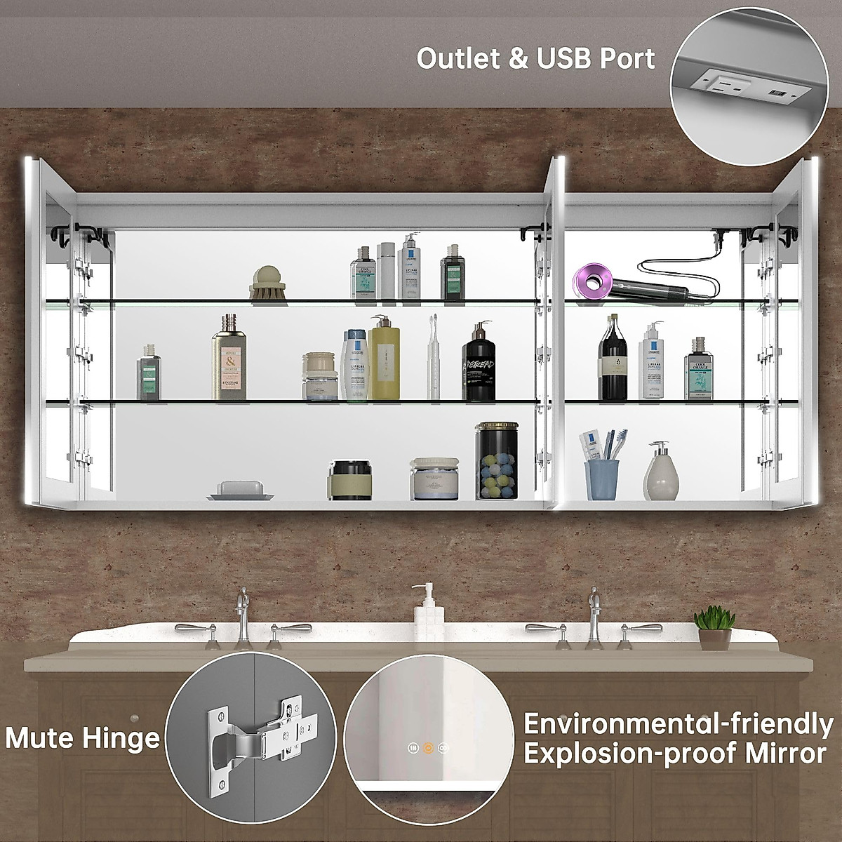 tunuo 60”W x 36”H Medicine Cabinets for Bathroom with Mirror, Surface Mounted LED Medicine Cabinets Mirror with Defogger, Dimmer, Outlets & USB, Three Doors