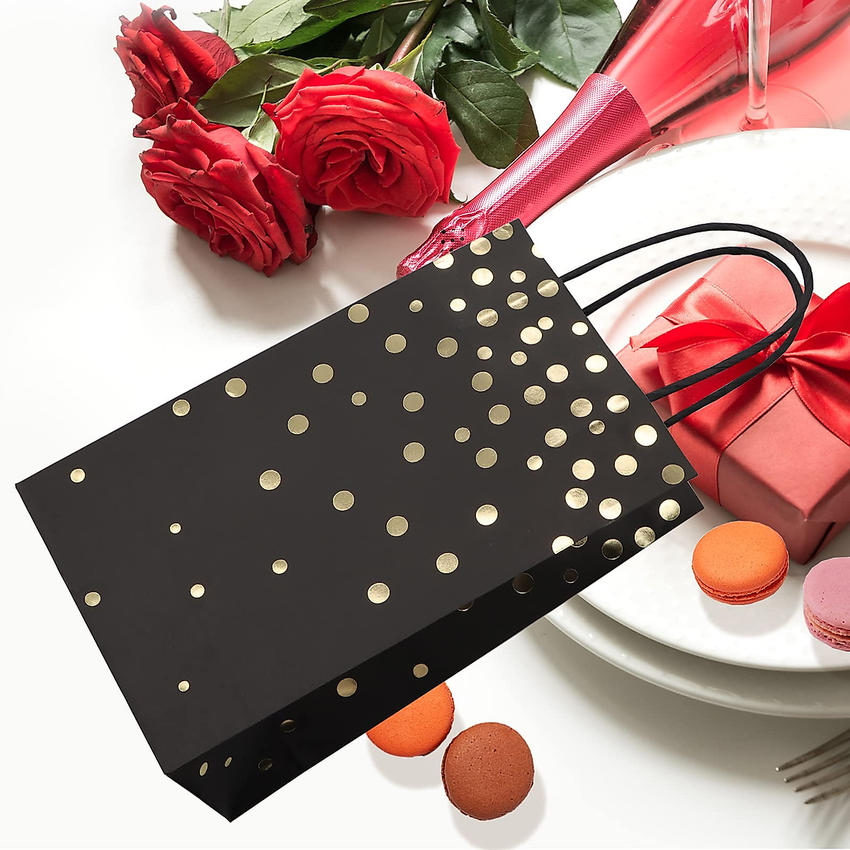 ECOHOLA Black and Gold Foil Paper Gift Bags with Black Handles, 25 Pieces Metallic Gold Foil Polka Dot for Presents, Retails, Christmas or New Year Party Favors, 9"x5.5"x3.2