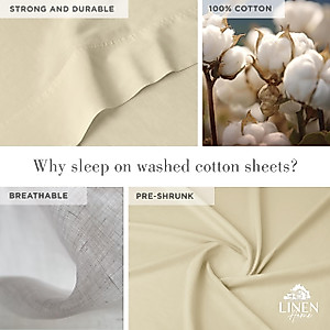 Linen Home Washed Cotton Percale King Sheet Set, Ivory, Deep Pocket, 4 Pieces Bed Sheets - 1 Flat Sheet, 1 Fitted Sheet & 2 Envelope Closure Pillowcases, Cool and Comfortable Bed Linen