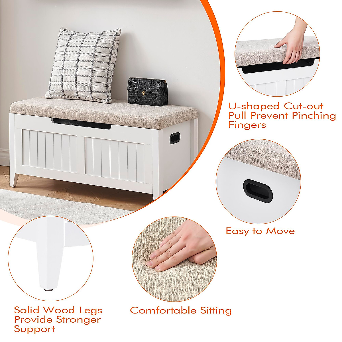 GAOMON Storage Chest, Upholstered Storage Trunk with 2 Safety Hinges, Storage Bench, Flip-Top Toy Chest, Shoe Bench 15.7 x 39.4 x 18.1 Inches Storage Chest for Entryway, Bedroom, Living Room, White