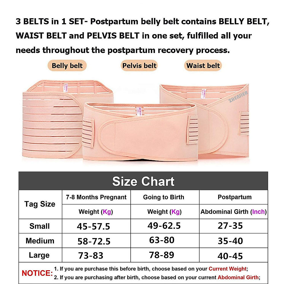 ZHENJIER 3 in 1 Postpartum Support - Recovery Belly/Waist/Pelvis Belt Shapewear (Fits Waistline 34"-41") Beige