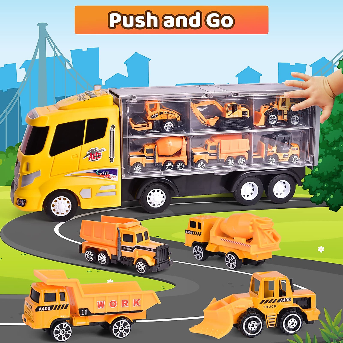 12 in 1 Construction Truck Toys Set for Toddlers, Carrier Truck with 12 Mini Cars for Kids,Transport Trucks Toy with Light and Sound,Christmas Birthday Cars Toy Gift for Boys Age 3-7