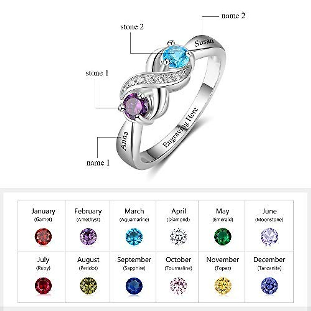 Personalized Infinity Mothers Ring with 2 Round Simulated Birthstones Engagement Promise Rings for Women (5)