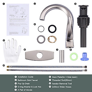 WOWOW Single Handle Bathroom Faucet, 1 Hole, High Arc, Brushed Nickel, Pop-up Drain, Solid Brass, Commercial Bathroom Sink Faucet, Basin Vanity Bar Faucet