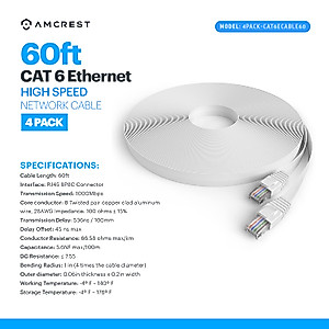Amcrest CAT6E 4K-Rated Video POE Ethernet Cable 60ft Internet High Speed Network Cable for PoE Security IP Cameras, Smart TV, PS4, Xbox One, Router, Laptop, Computer, Home (4PACK-CAT6ECABLE60)