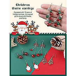 12 Pairs Christmas Dangle Earrings, Kalolary Christmas Tree Santa Claus Bow Jingle Reindeer Snowflake Plated Alloy Xmas Earrings Christmas Themed Pierced Hook Drop Earrings for Women