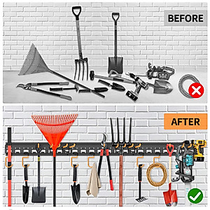 Unaikoo Garden Tool Organizer Wall Mount - Garage Storage and Organization Yard Tool Hanger with Adjustable Pegboard Hooks Shed Rack for Broom Mop Shovel Rake Trimmers, 48 inch Max 550lbs, Black