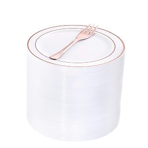 WELLIFE 240 Pieces Rose Gold Plastic Dessert Plates with Disposable Forks, Includes 120 Pcs Appetizers Plates 6.5 inch, 120 Pcs Rose Gold Forks, Perfect for Parties and Weddings