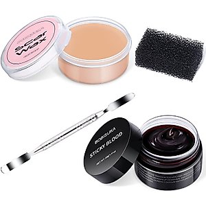 BOBISUKA 4 Piece Halloween SFX Special Effects Makeup Kit - Modeling Scar Wax + Coagulated Blood with Spatula Tool and Black Stipple Sponge All in One (VAMPIRE SET)