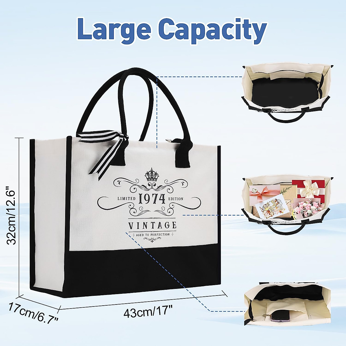 50th Birthday Gift for Women, Canvas Tote Bag for Women 1974, Keepsake Gift for Her Turning 50, 50th Birthday Party Decorations, Great 50th Birthday Gift Packaging Bags, 50th Birthday Gifts for Her