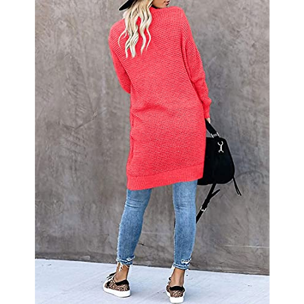 ZESICA Women's 2023 Fall Long Sleeve Open Front Cardigans Casual Lightweight Soft Chunky Knit Draped Sweaters Outerwears,Watermelon,Medium