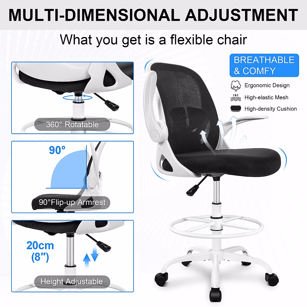 Primy Drafting Chair Tall Office Chair with Flip-up Armrests Executive Ergonomic Computer Standing Desk Chair with Lumbar Support and Adjustable Footrest Ring(White)