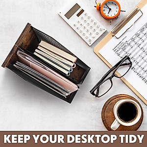 Perkoop 2 Pcs Mesh Magazine File Holder Metal Wooden Magazine File Holder Antique Mesh Wire File Organizer Desktop Magazine Rack Metal Desk Organizer for Document Folder School Office File Storage