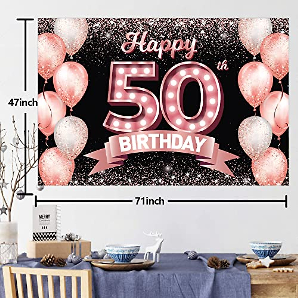 Happy 50th Birthday Rose Gold Banner Backdrop Cheers to 50 Years Old Confetti Balloons Theme Decor Decorations for Women 50 Years Old Pink Birthday Party Bday Supplies Background Favors Gift Glitter