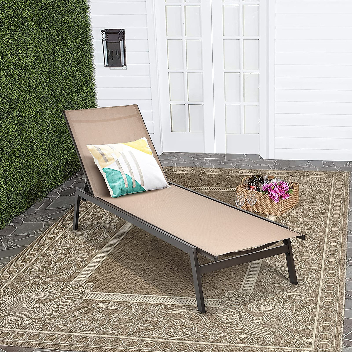 Tangkula Outdoor Chaise Lounge Chair, 6-Position Adjustable Reclining Chair with Breathable Fabric and Heavy Duty Steel Frame, Patio Lounge Chair for Garden, Backyard and Poolside (1, Brown)