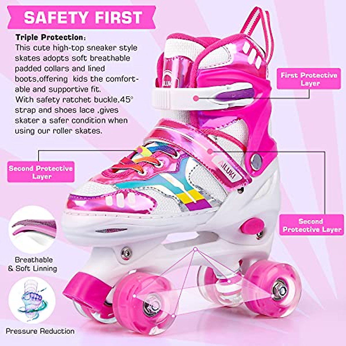 Roller Skates for Girls and Boys,4 Size Adjustable Kids Toddler Roller Skates with Light up Wheels for Toddlers Children Outdoor Indoor Medium(13C-3Y)