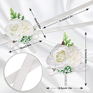 Whaline 4Pcs Wedding White Rose Boutonniere and Wristlet Set Handmade Artificial Rose Wrist Strap Corsage Silk Satin Wristband Groom Bride Boutonniere Pin for Groomsmen Wedding Prom Suit Decorations