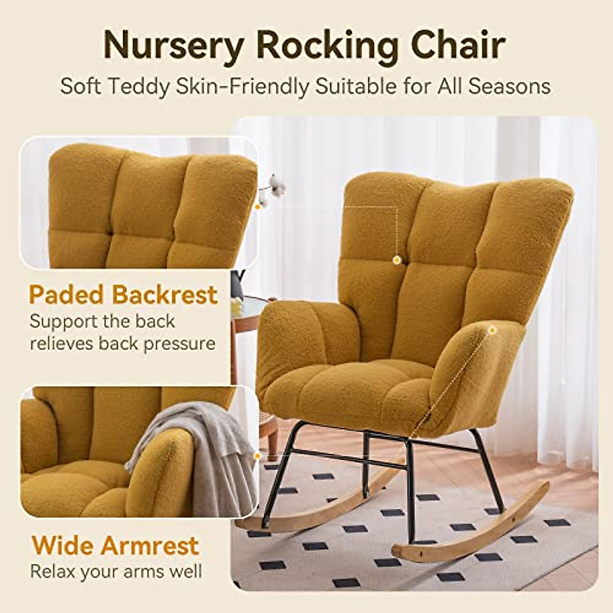 Nursery Rocking Chair Teddy Fabric Padded Seat with High Backrest and Armrest Accent Chair Upholstered Armchair Single Sofa Accent Glider Rocker for Living Room Bedroom Offices (Yellow Teddy)