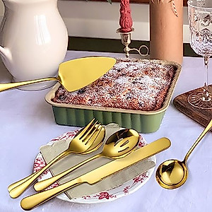 A · HOUSEWARE Gold Serving Utensils Set Stainless Steel Large Silverware 7 Piece Include Big Spoon Fork Cake Server Knife Pizza Spatula Pefect for Buffet Catering Flatware