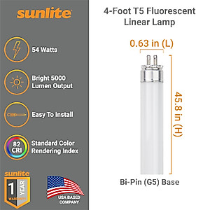 Sunlite 30257 F54T5/835/HO 4 Foot T5 Linear Fluorescent Lamp, 54 Watts, 5000 Lumens, 3500K Neutral White, Miniature G5 Bi-Pin Base, High Performance Straight Tube, 12 Pack