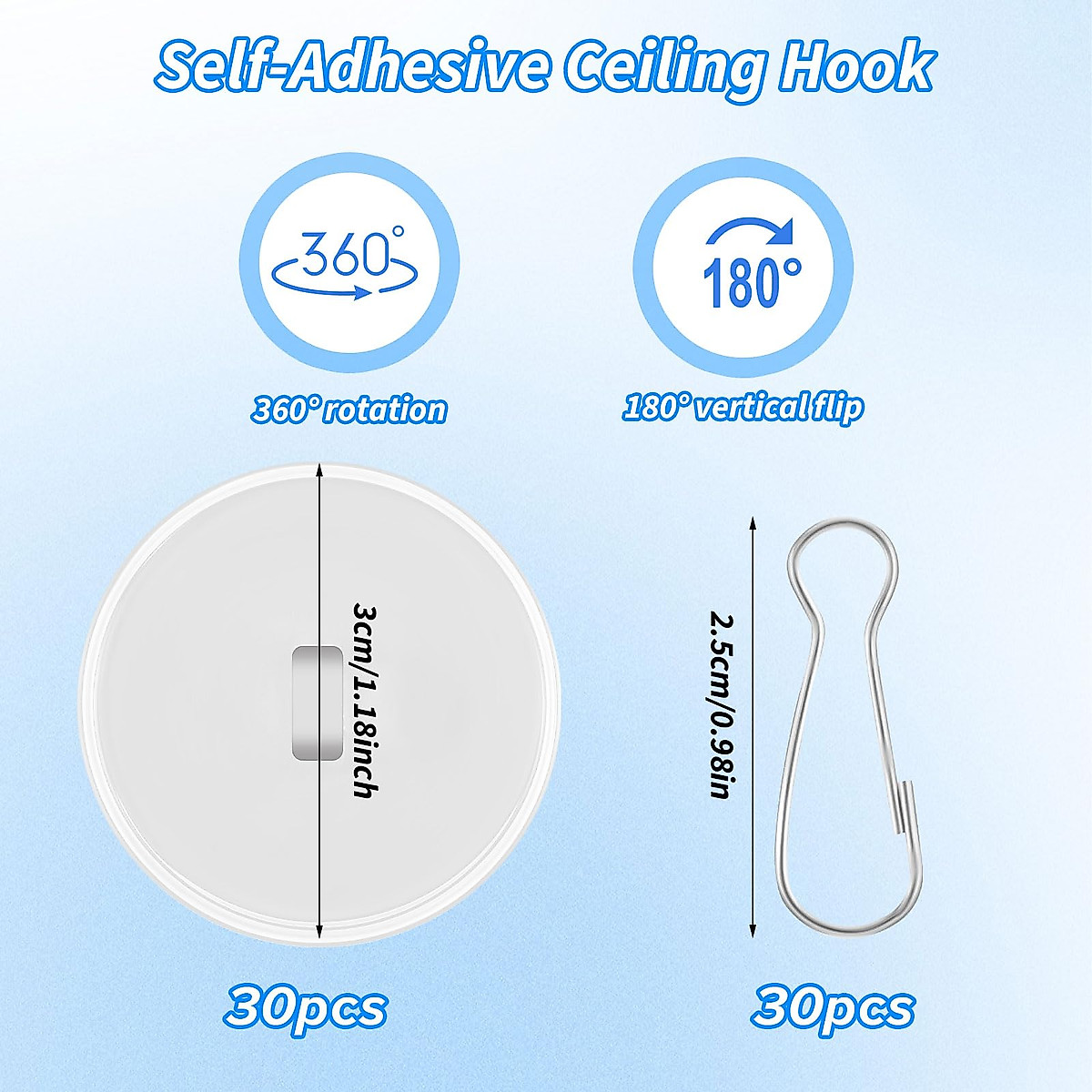 GEEHUA Self Adhesive Ceiling Hook, 30 PCS No Hole Sticky Eye Hooks Wall Small Disc Hook for Hanging Light Plants, Christmas Festival Wedding Decorations Baloon Storage Display(3cm/1.18in)