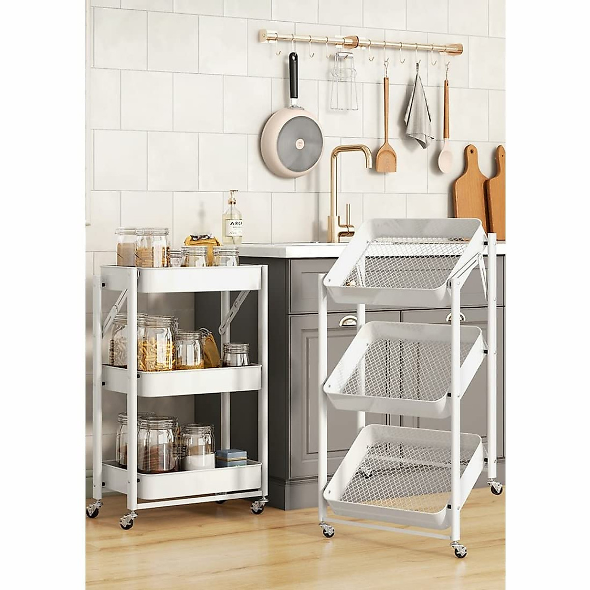 Ruishetop Foldable 3-Tier Metal Utility Rolling Cart with Wheels, Easy Assembly Folding Mobile Multi-Function Storage Organizer Cart for Home Office Kitchen Outdoor (White)