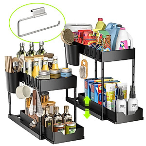2 Pack Under Sink Organizer, 2 Tier Stretchable Under Sliding Kitchen Bathroom Cabinet Organizers and Storage Shelf with Over The Door Paper Towel Holder, Hooks, Hanging Cup, Black Under Sink Storage
