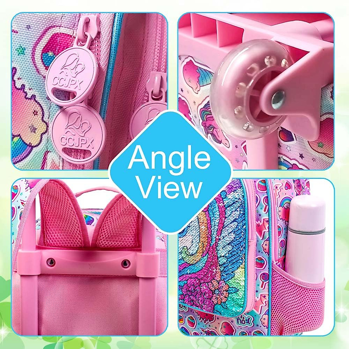 ZLYERT 3PCS Rolling Backpack for Girls, Unicorn Roller School Bag with Wheels for Kids, Wheeled Bookbag with Lunch Box for Children