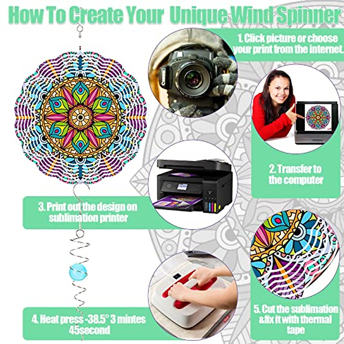 4Pcs Sublimation Wind Spinner Blanks 10Inch with 4Pcs Gazing Ball Spiral Tail, Round Stainless Steel Laser Cut Metal Hanging Wind Spinners for Outdoor Garden and Yard