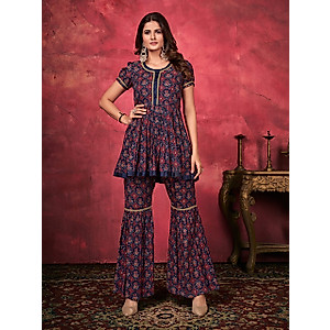 Indian Kurti for Womens With Pant | Foil Print Kurta Partywear Kurtis For Women Tunic Set Blue