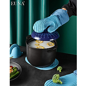 EUNA Silicone Oven Mitts, Heat Resistant Oven Mitts and Pot Holders Sets, Non-Slip Kitchen Mittens with Mini Oven Gloves and Hot Pads, Perfect for Baking Cooking, Quilted Liner, Gift Box, Blue & Azure