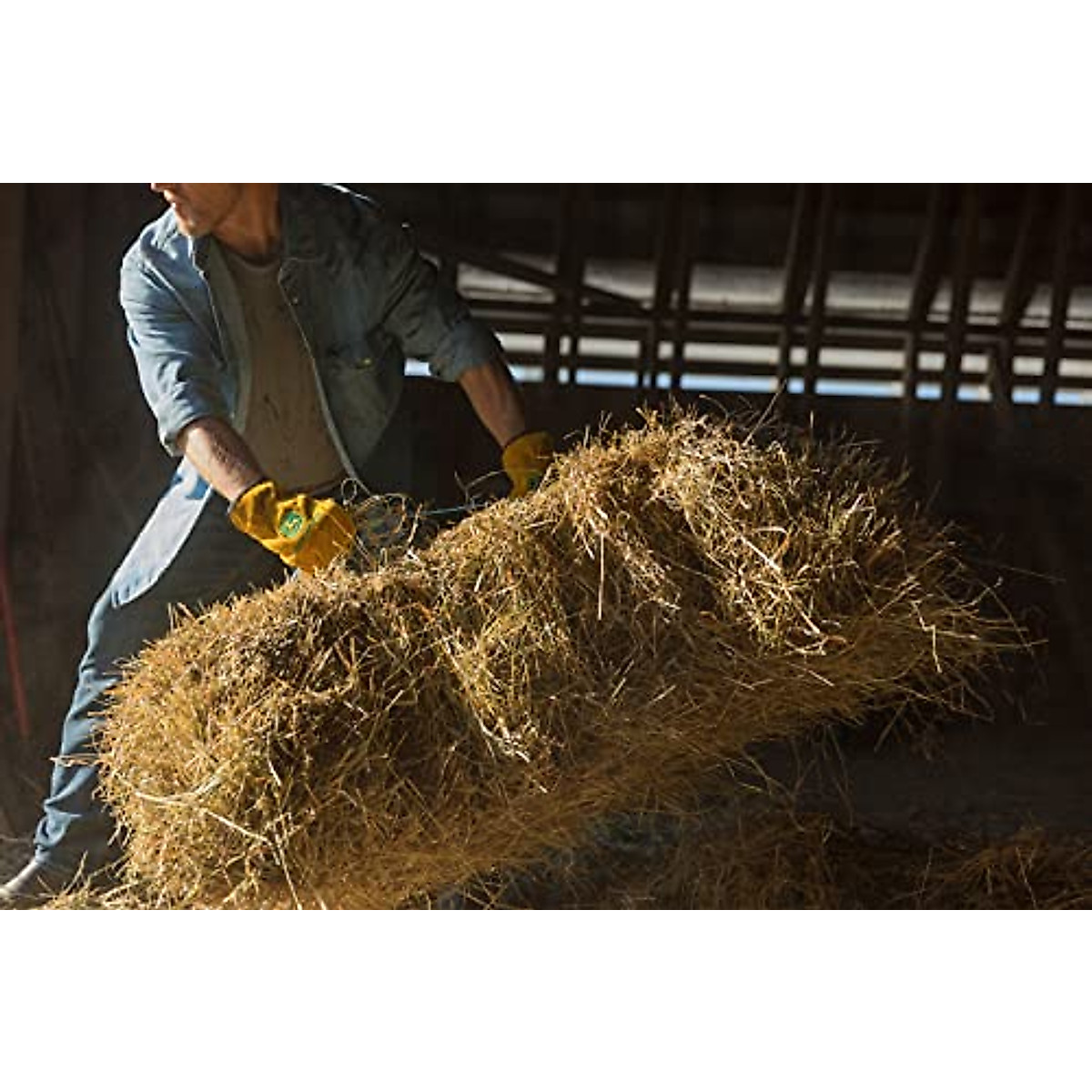 John Deere JD00004 Leather Gloves - Large Size Split Cowhide Work Gloves with Shirred Elastic Wrist. Hand Protection Wear,Gold