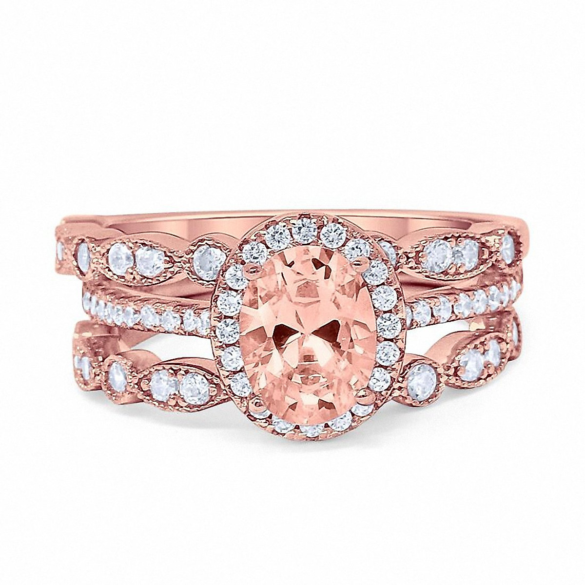 Blue Apple Co. Three Piece Halo Art Deco Wedding Band Engagement Ring Oval Simulated Morganite Round Cubic Zirconia 925 Sterling SilverSize-7