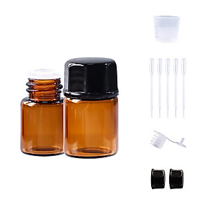 HWASHIN 100 Pack 2ml (5/8 Dram) Amber Mini Glass Essential Oils Sample Bottles with Black Caps for Essential Oils, Perfumes & Lab Chemicals (30ml Measuring Cup and 5 Droppers Included)