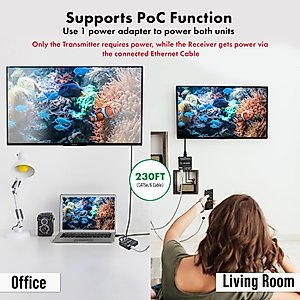 J-Tech Digital HDMI Extender 4K 60Hz Over Cat5e/6 Ethernet Cable Up to 230ft. Supports 4K Downscale HDMI Loop Out PoC HDR Bi-Directional IR [JTECH-EX230V2]