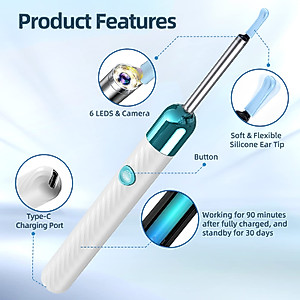 Ear Wax Removal, Ear Cleaner with Camera with 1080P, Otoscope with Light, Ear Wax Removal Kit with 6 Ear Pick, Ear Camera for iPhone, iPad, Android Phones (White)