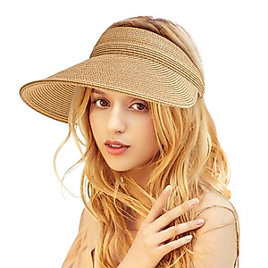 Roniky Women Straw Sun Visor Hat Wide Brim Summer UV Protection Ponytail Visor Beach Cap Foldable Packable UPF 50+ Khaki