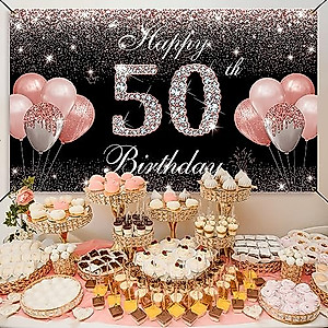 HTDZZI 50th Birthday Banner Backdrop, Happy 50th Birthday Decorations for Women Rose Gold, Fabulous 50 Year Old Birthday Party Yard Sign Photo Booth Props Background Decor Supplies, Fabric