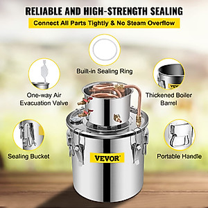VEVOR Alcohol Still 5Gal/20L Alcohol Distiller Stainless Steel Distillery Kit for Alcohol With Copper Tube & Pump Home Brewing Kit Build-in Thermometer for DIY Whisky Wine Brandy