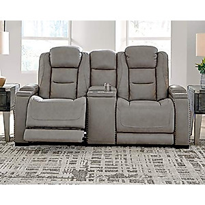 Signature Design by Ashley The Man-Den Leather Power Reclining Loveseat with Center Console, Adjustable Headrest & Wireless Charging, Gray