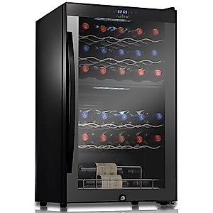 Nutrichef 33 Bottle Wine Fridge | Dual Zone Wine Chiller | Adjustable Temperature 41°F to 64°F | Ultra Quiet Operation | Wine Cooler For Home, & Office | Free Standing 33x19x17 IN | Black