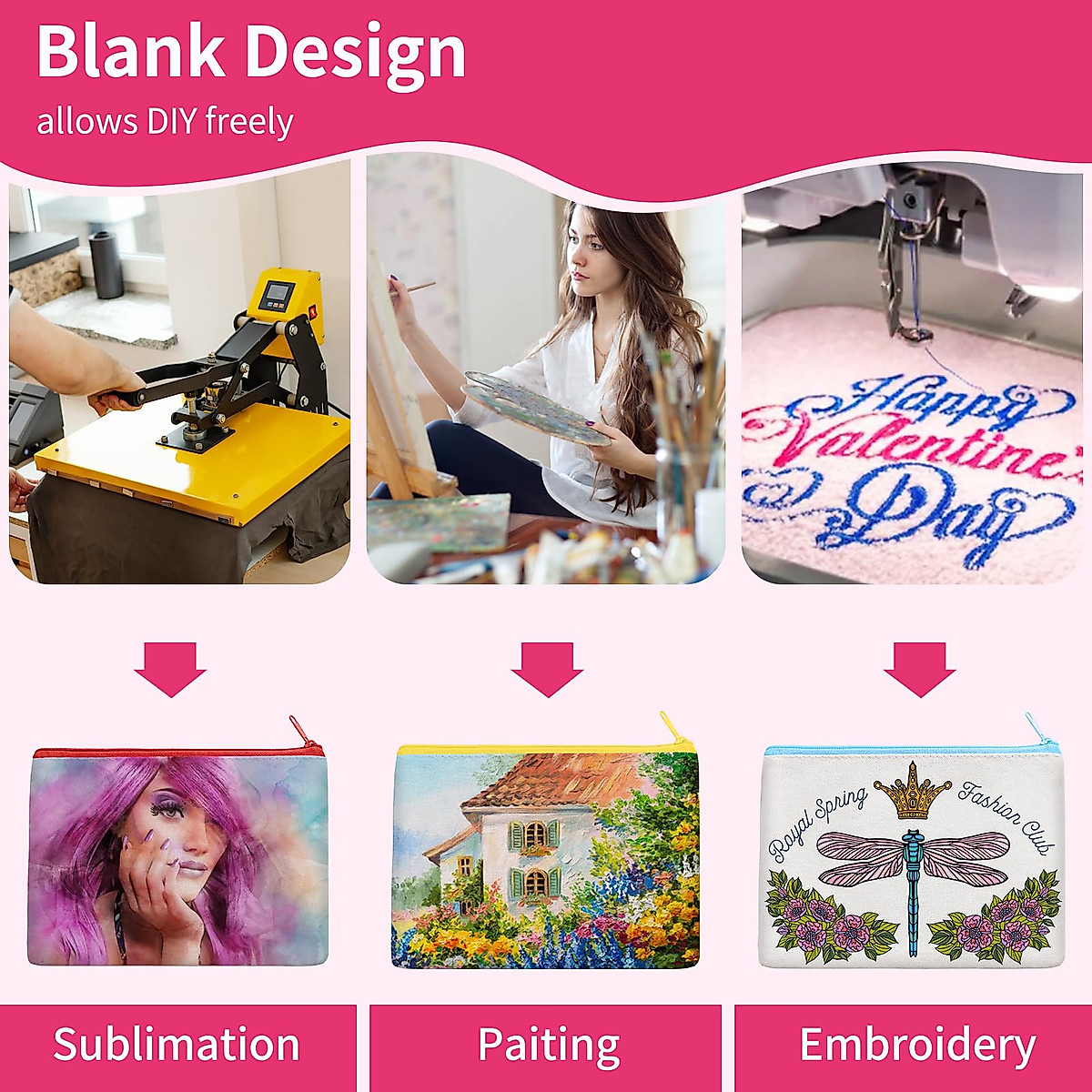 50Pcs Canvas Makeup Bags Bulk, 7.87 x 5.7 Inch Cotton Sublimation Blank DIY Heat Transfer Cosmetic Makeup Bag w/Colorful Zipper for Bridesmaid Makeup Bag Travel Toiletry Pouch Storage, Christmas Craft