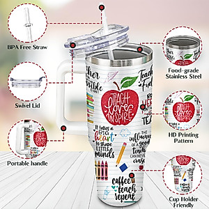 qoepfnsh Teacher Tumbler 40 oz Tumbler with Handle Teacher Travel Coffee Mug Cup Water Bottle Stainless Steel Insulated 40oz Tumblers with Lid and Straw Teacher Gifts for Women