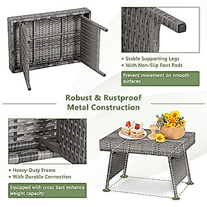 HAPPYGRILL Outdoor Folding Rattan Side Table, Rectangular Wicker End Table for Outdoor Furniture, Wicker Coffee Table for Patio Poolside Lawn Garden Patio