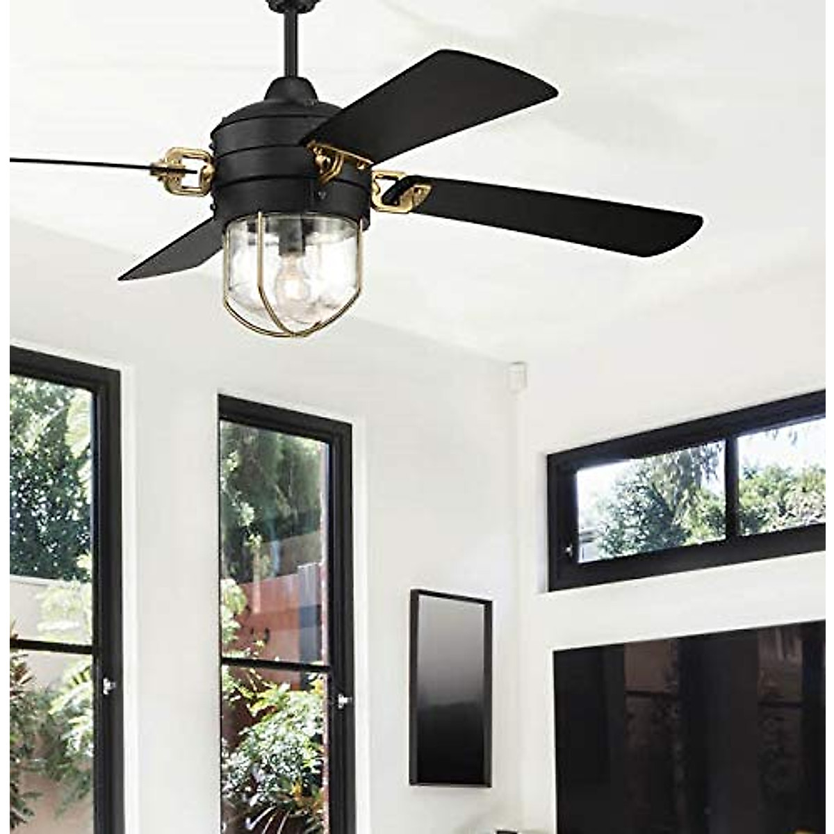 Craftmade NOL52FBSB4 Nola Dual Mount 52" Ceiling Fan with LED Light and Remote, 4 Blades, Flat Black & Satin Brass