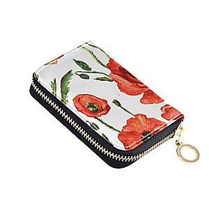 Wildflower Red Poppy Flower Credit Card Coin wallet, RFID Blocking Compact Women Leather Card Holder, Key Change Organizer, Zipper Purse Clutch Pouch Pocket
