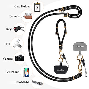 Universal Phone Lanyard with Wrist Strap, Adjustable Crossbody Cell Phone Lanyard Neck Strap and Wristlet Strap with 2 Lobster Clips, Phone Tether Patches and Phone Straps (Black/Gold, 2 Pack)