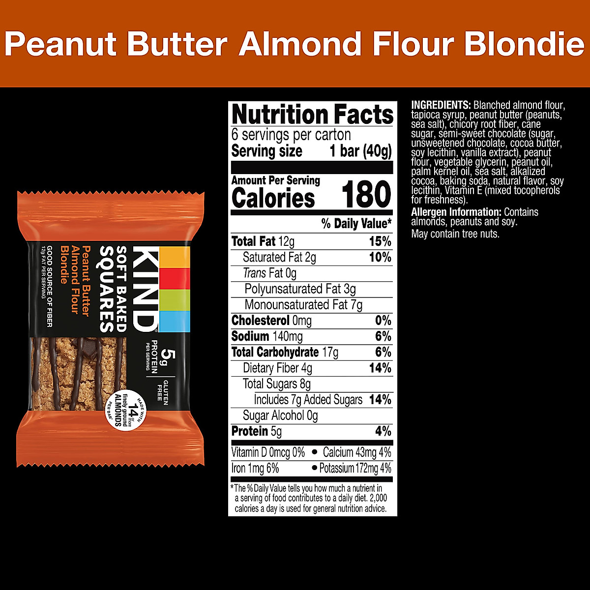 KIND Soft Baked Squares, Peanut Butter Almond Flour Blondie, 6 count